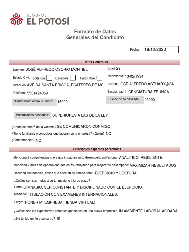 Formato de Datos Generales | PDF