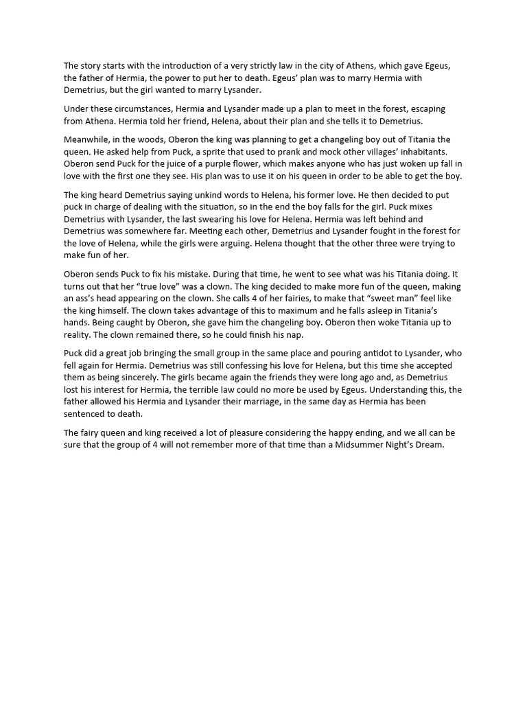 Midsummer Night's Dream short plot story | PDF