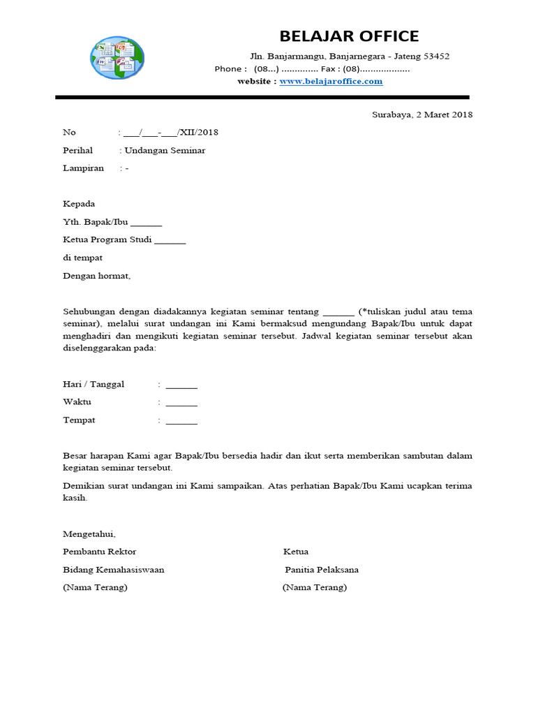 Contoh Surat Undangan Seminar Resmi | PDF