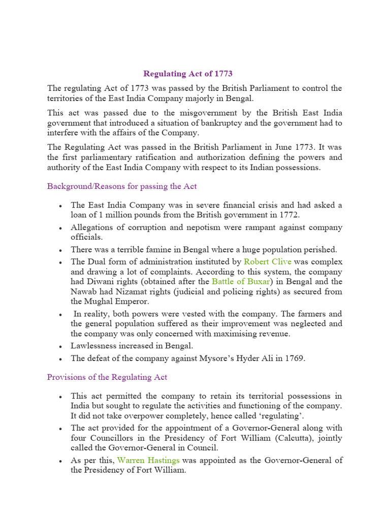 Regulating Act of 1773 | PDF | East India Company | Government