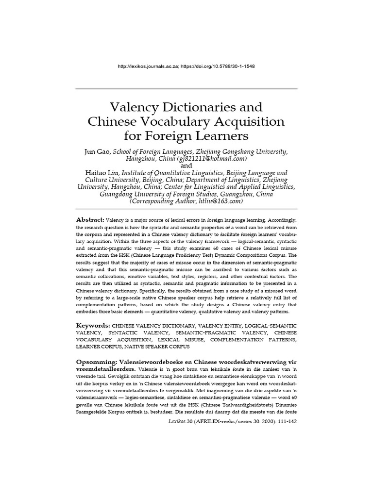 Valency Dictionaries and Chinese Vocabulary Acquisition For Foreign Learners | PDF | English ...