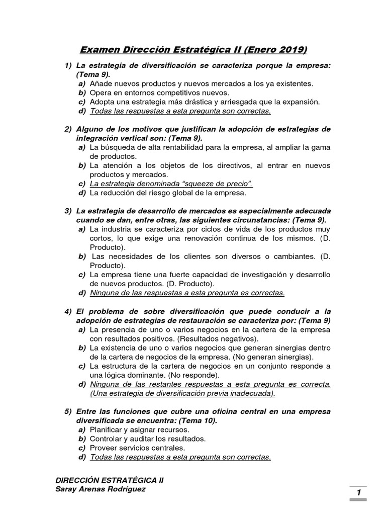 Examen Dirección Estratégica II (Enero 2019) | PDF | Negocios