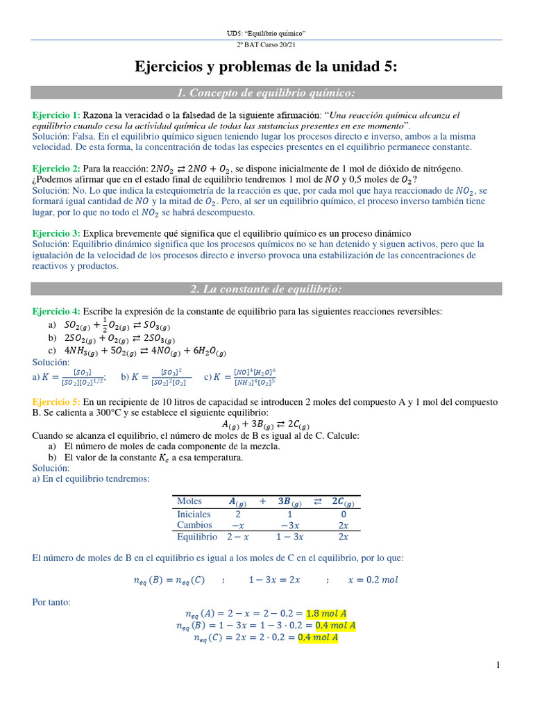 2ºBAT - UD5 - Ejercicios y Problemas de La Unidad 5 Equilibrio Químico - 20 - 21 - SOLUCIONES ...