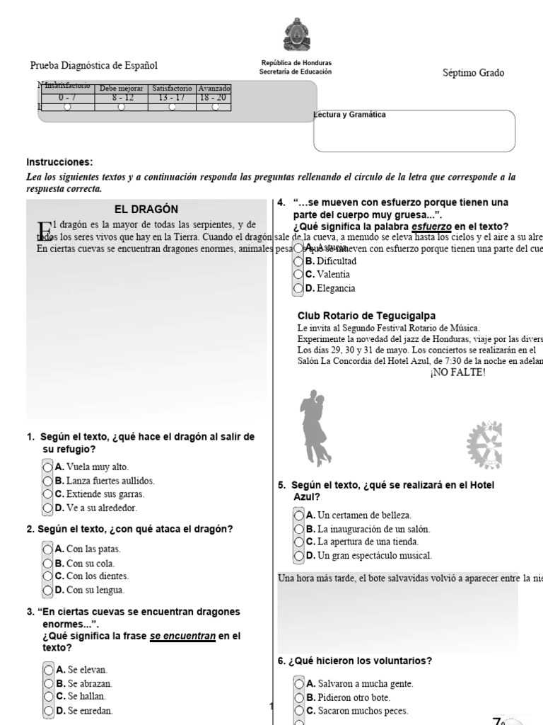 Prueba Diagnóstica 7º Español (2011) | PDF