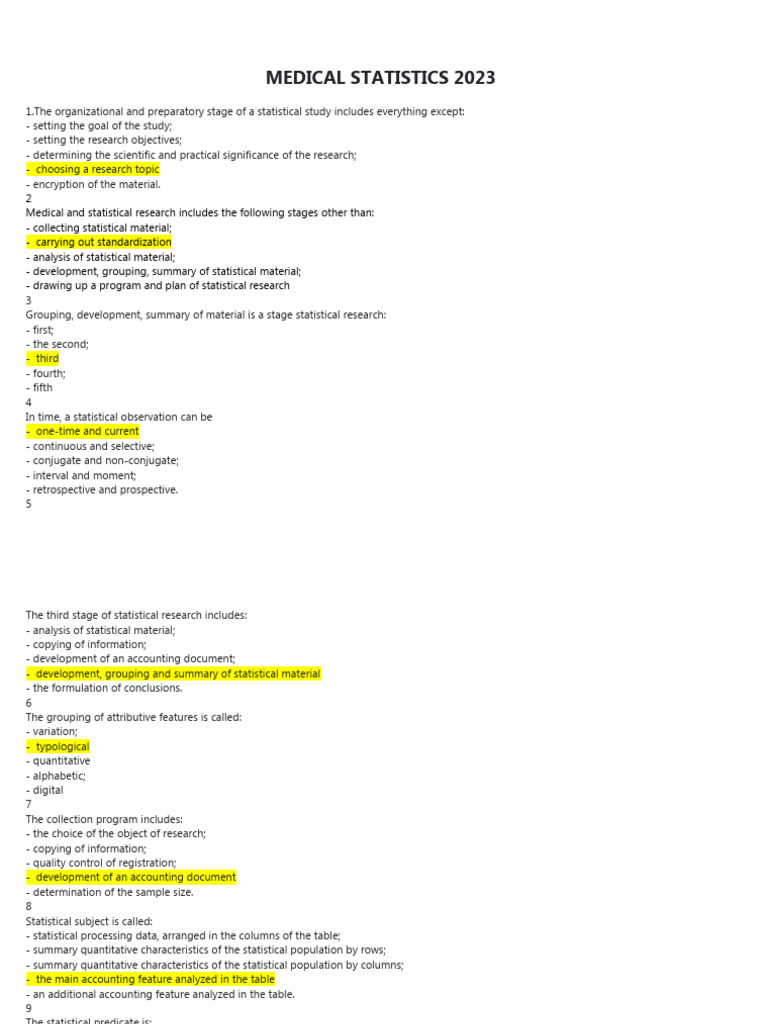 Medical Statistics Study Guide 2023 | PDF | Statistics | Mean