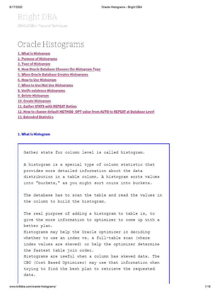 Oracle Histograms - DBA | PDF | Databases | Histogram