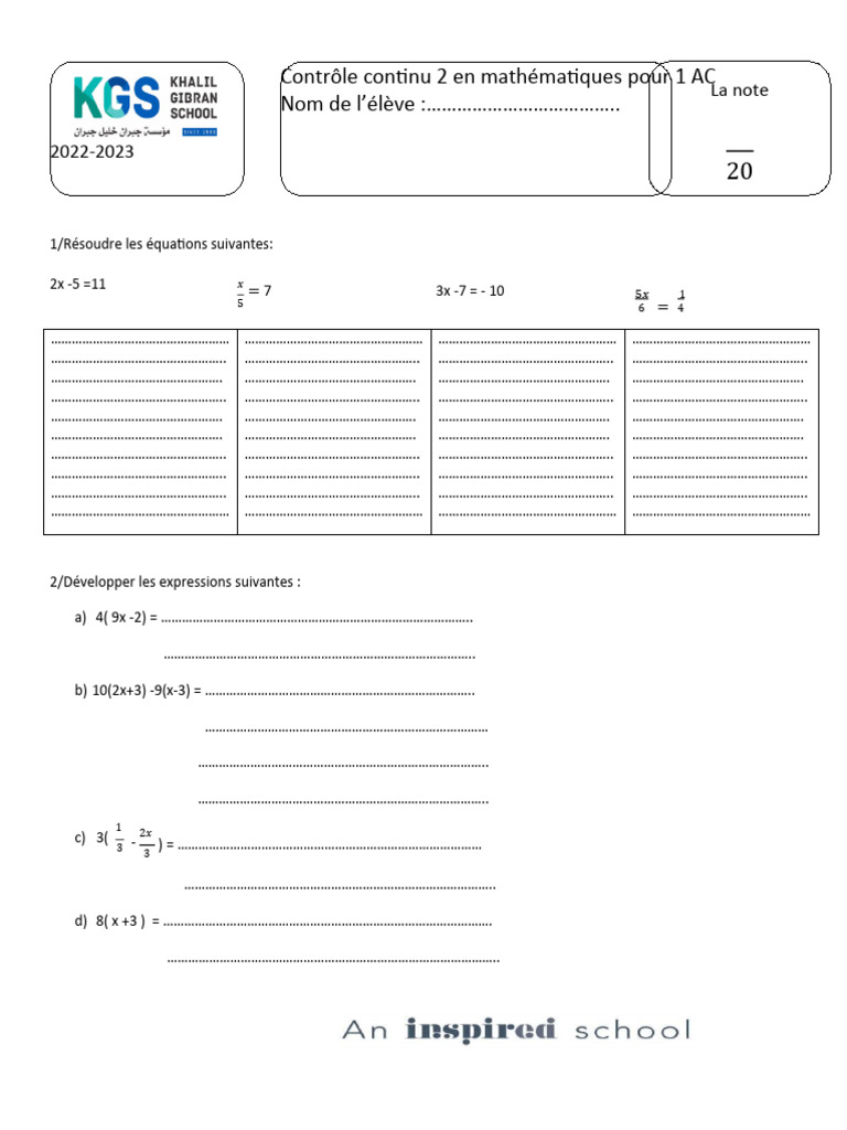 Controle 2 MATH Semestre 2 1AC | PDF