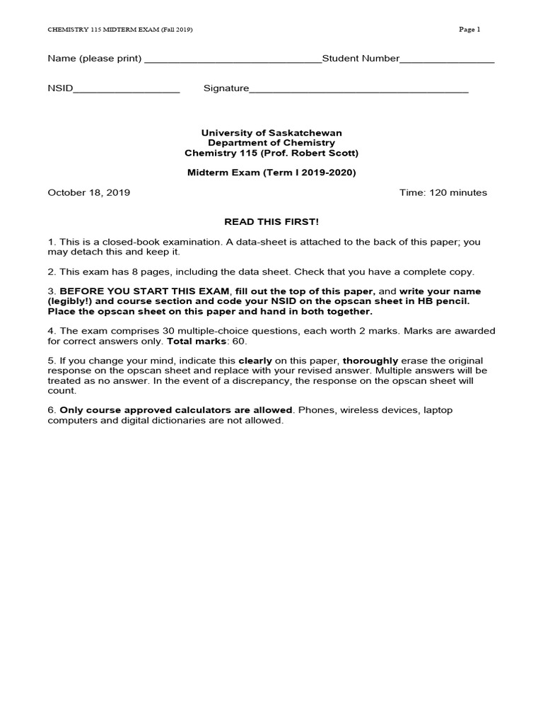 Chem 115 Midterm Exam - Fall2019 - Solutions | PDF