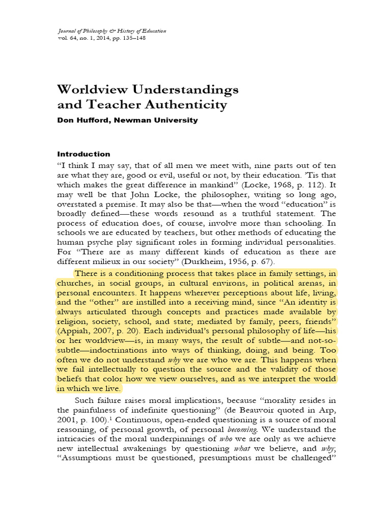 Hufford (2014) Worldviews Understanding and Teacher Authenticity | Download Free PDF | Thought ...