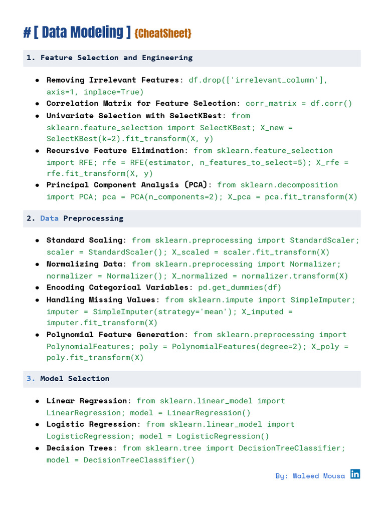 Data Modeling - cheatsheet (1) | PDF | Mean Squared Error | Principal Component Analysis