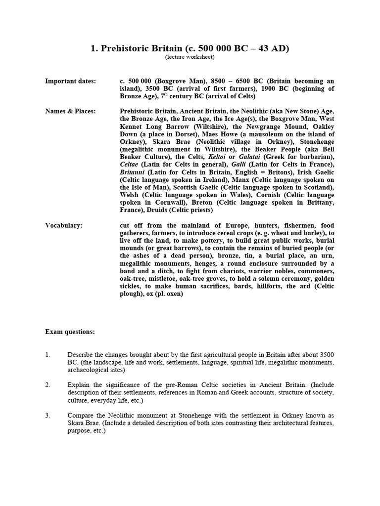 01 Prehistoric Britain, Worksheet | PDF | Celts | Celtic Britons
