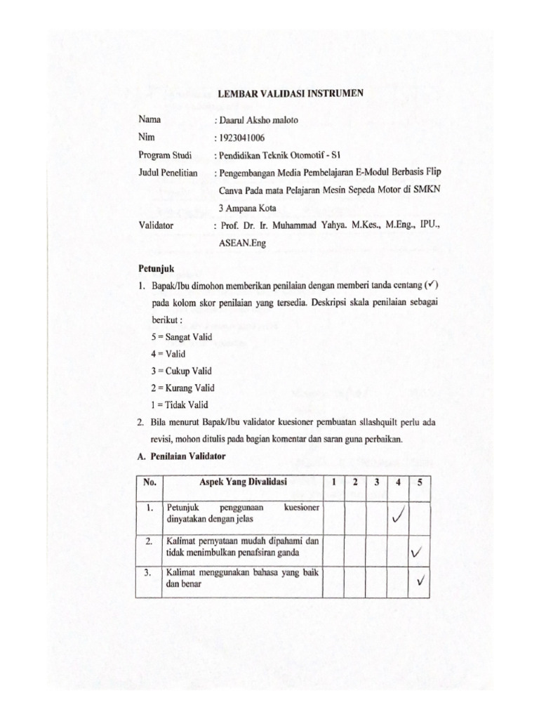 Contoh LEMBAR VALIDASI INSTRUMEN | PDF