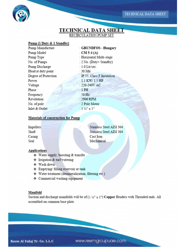Recirculation Pump Technical Data Sheet | PDF | Pump | Valve