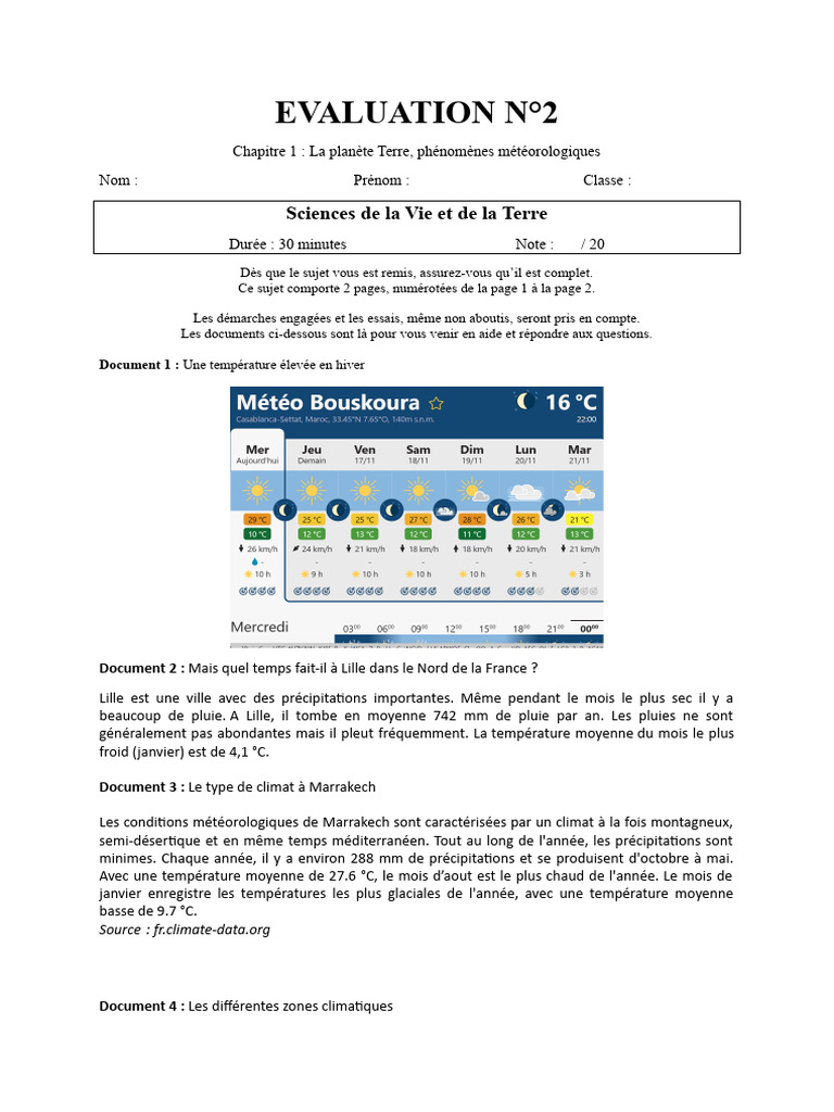 Évaluation SVT 5ème : Météo et Climat | PDF | Climat | Météorologie