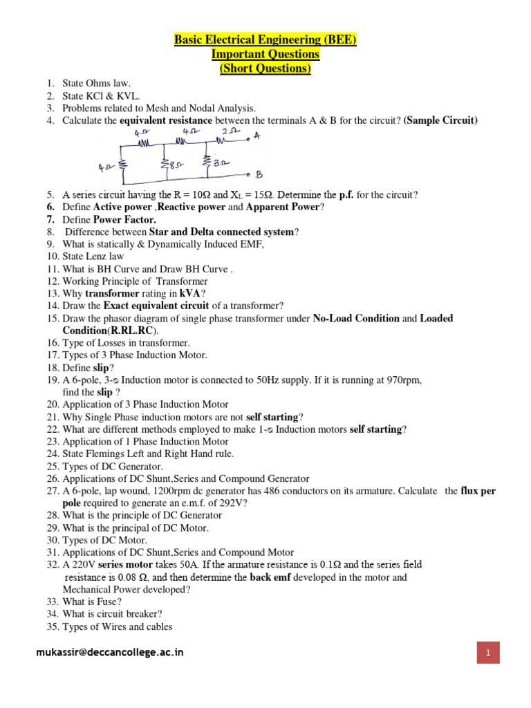 BEE Important Questions for 1st Year | PDF