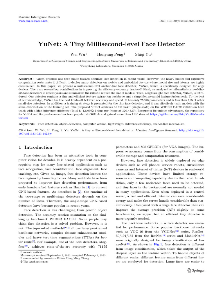 YuNet A Tiny Millisecond-Level Face Detector | PDF