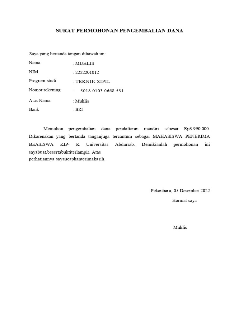 Surat Permohonan Pengembalian Dana | PDF