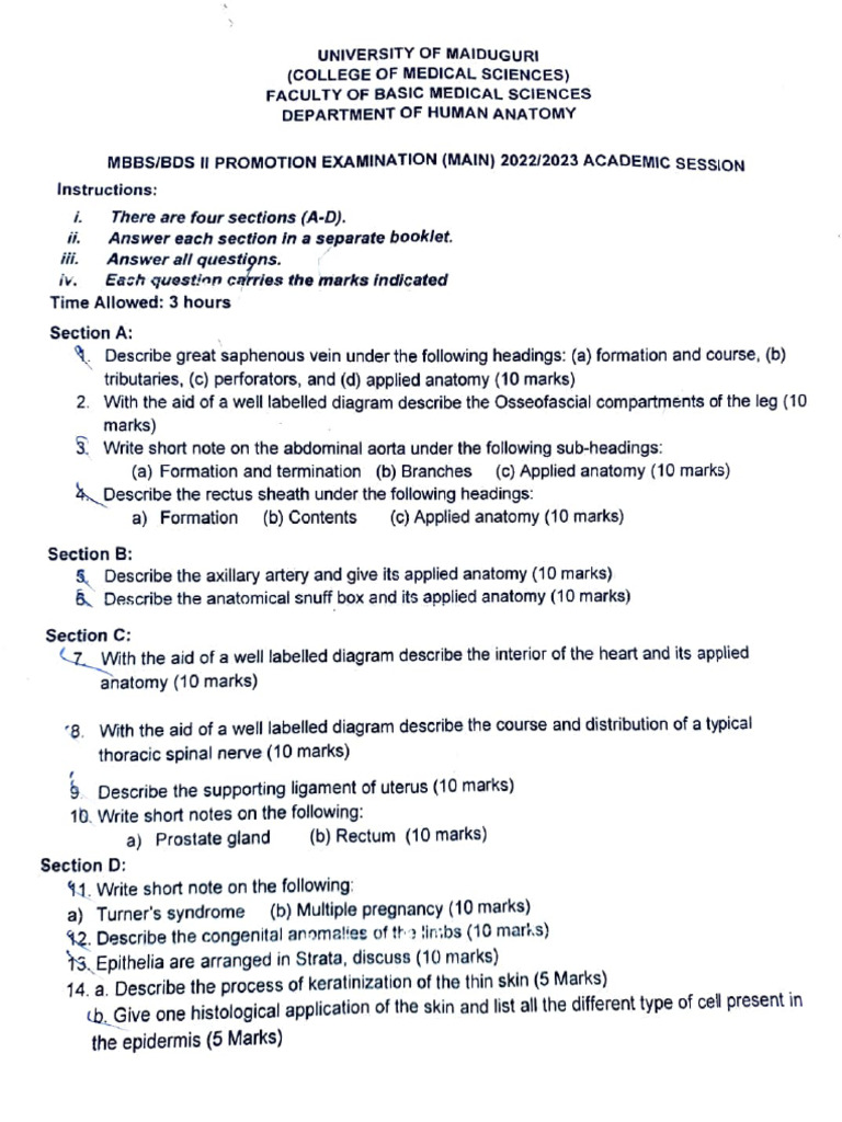 MBBS, BDS Anatomy Exams 2022'2023 | PDF