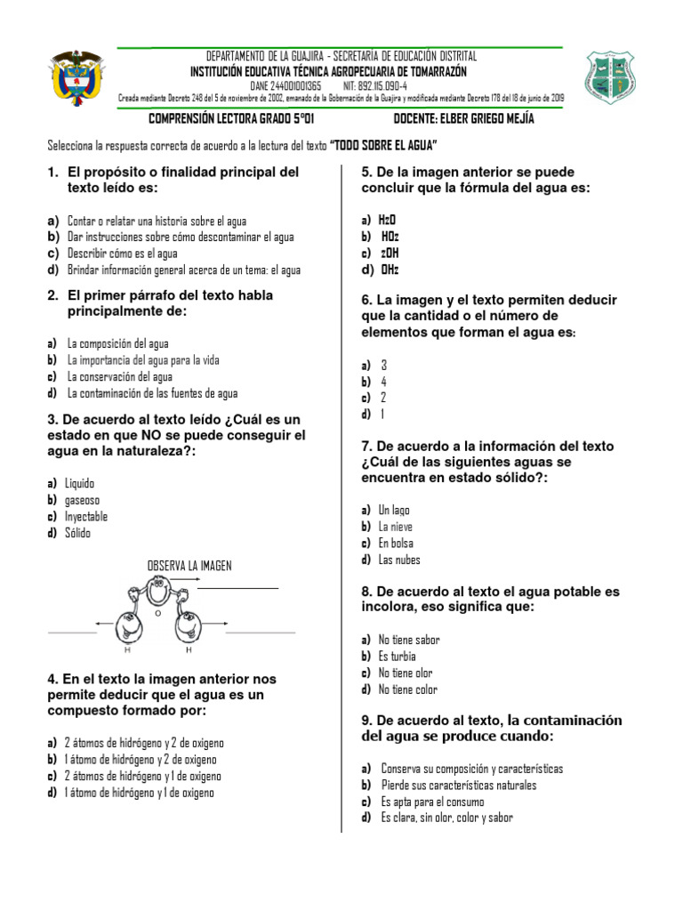 Comprensión Lectora: El Agua 5° Grado | PDF | Agua | Oxígeno