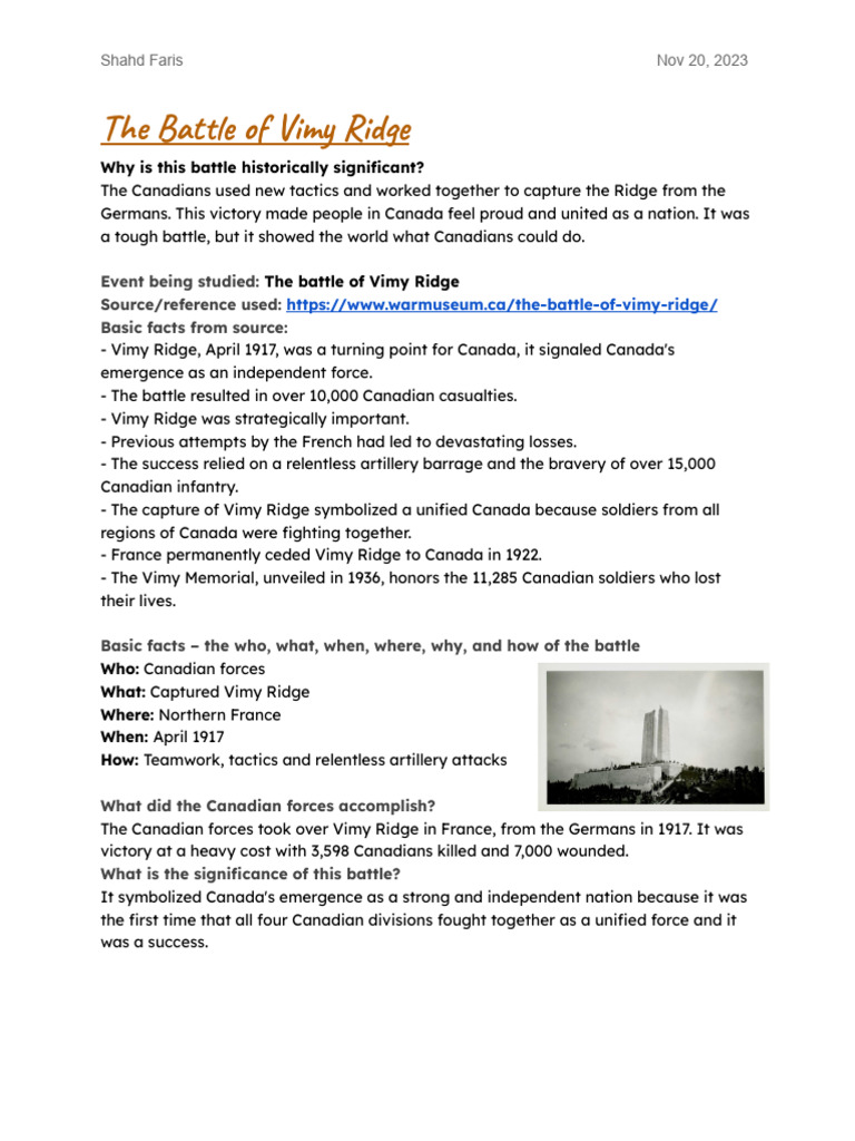 Battle of Vimy Ridge Answer Key | PDF | Travel