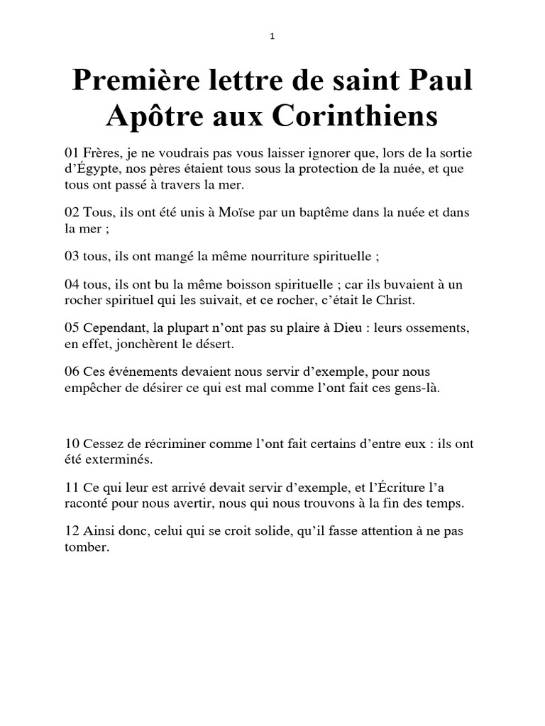 Première Lettre de Saint Paul Apôtre Aux Corinthiens | PDF