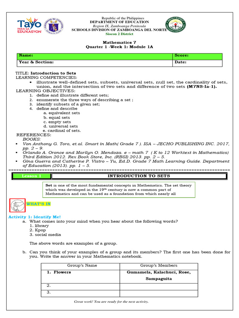 Q1 Math 7 Las Mod 1a Week 1 | PDF | Set (Mathematics) | Numbers