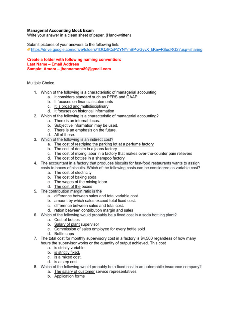 Managerial Accounting Mock Exam Questions | PDF | Financial Accounting ...