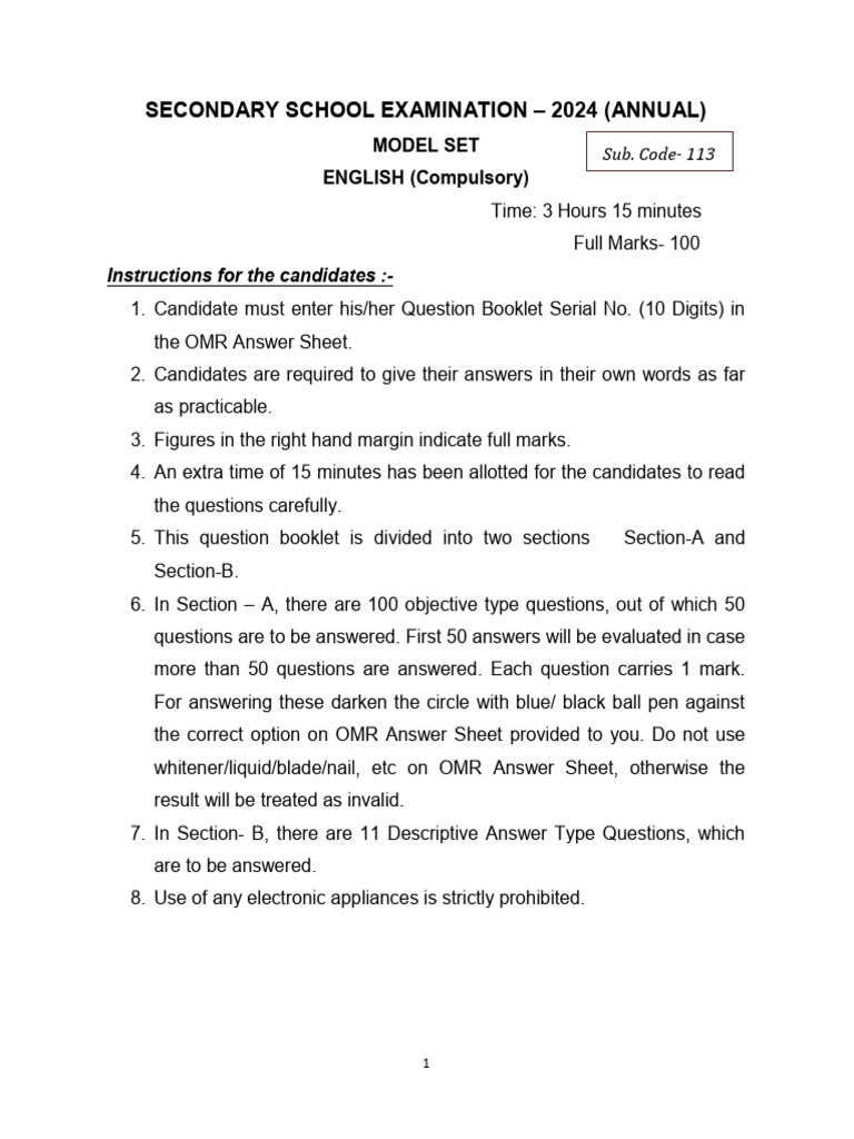 English Model Questions 10th | PDF