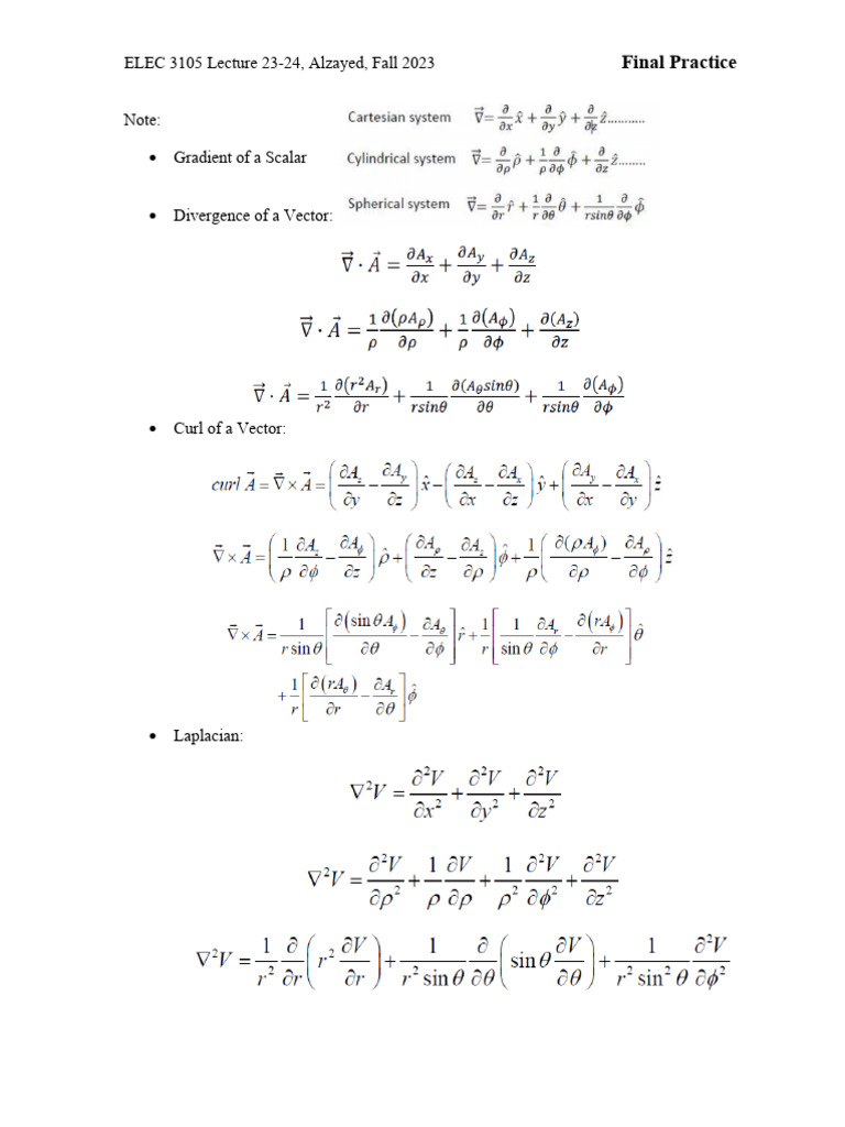 ELEC 3105 Fall 2023 - Lecture23-24 - Final Practice | PDF | Sphere | Physical Sciences