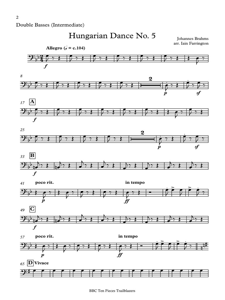 Hungarian Dance 5 (Parts) - Double Basses (Intermediate) | PDF