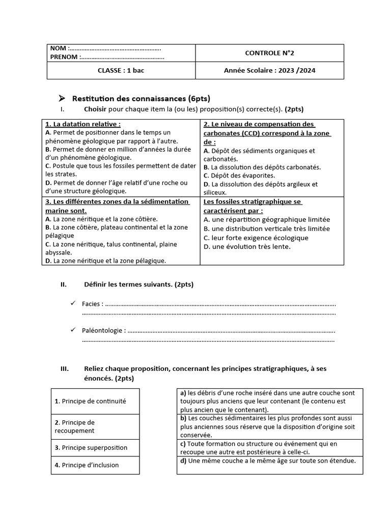 Contrôle SVT 1 Bac Semestre 2 | PDF | Géologie | Stratigraphie