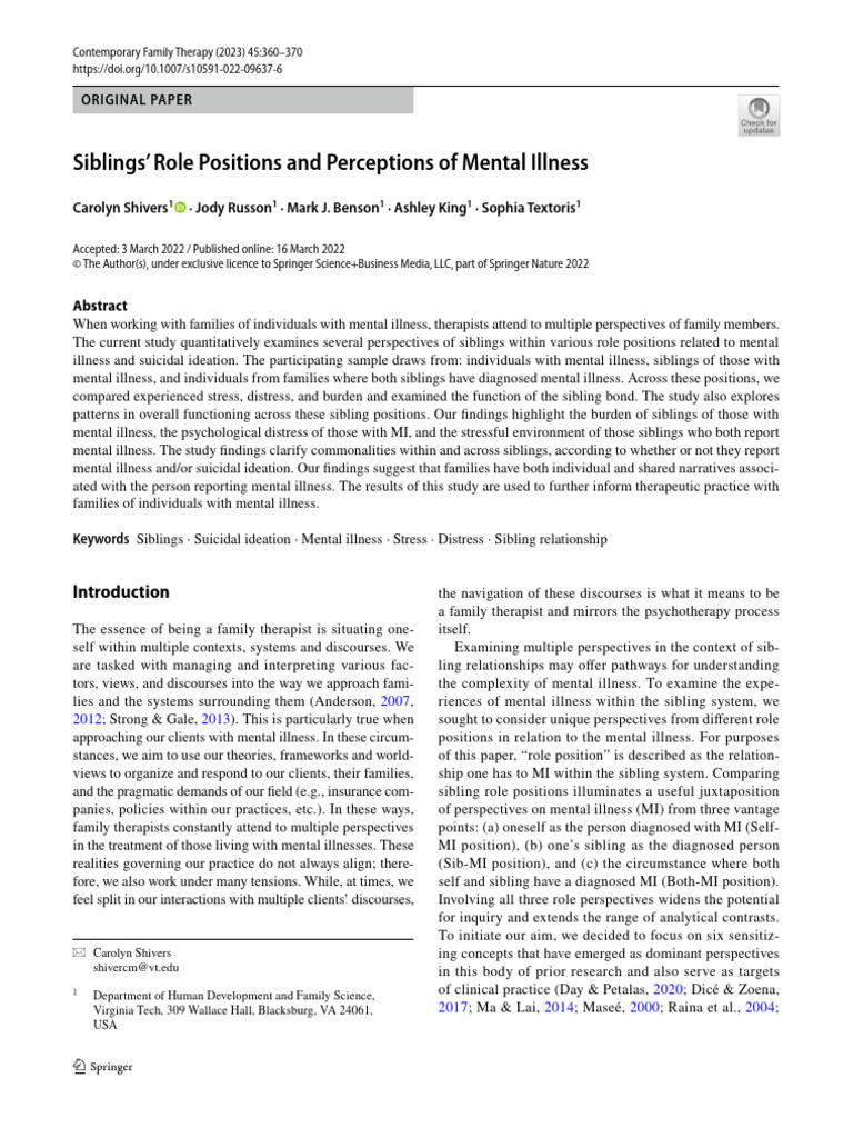 Siblings' Role Positions and Perceptions of Mental Illness | PDF ...