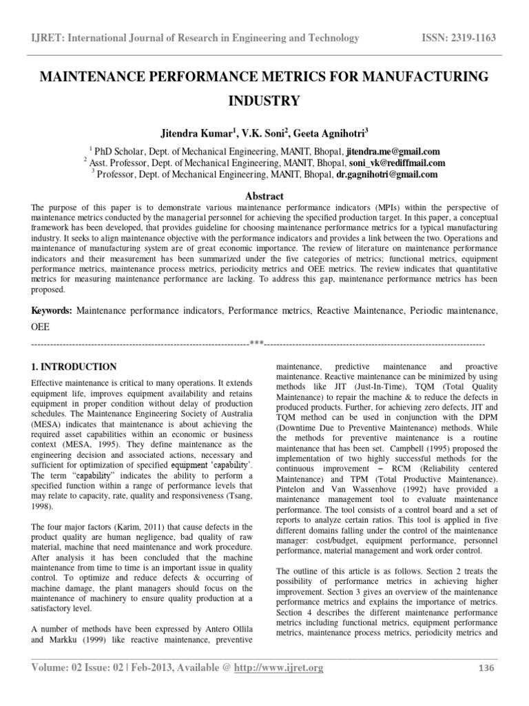 Maintenance Performance Metrics For Manu | PDF | Performance Indicator ...