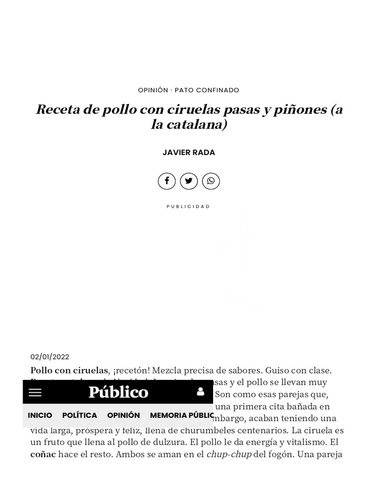 Receta De Pollo Con Ciruelas Pasas Y Piñones A La Catalana Público Formato Comprimido Pdf