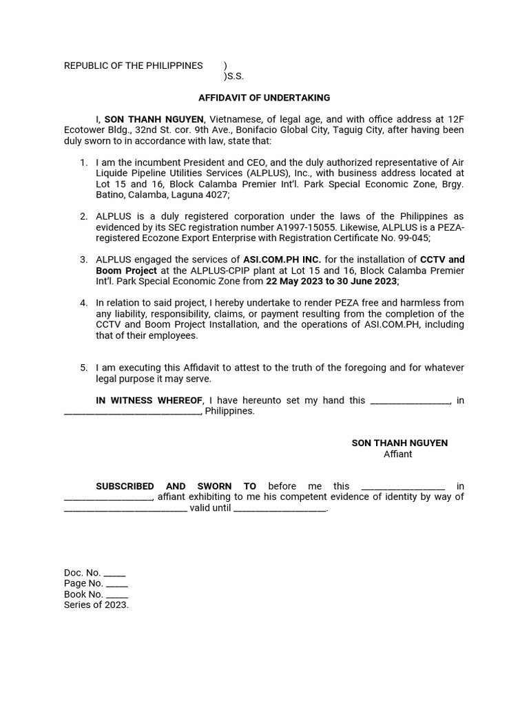 Affidavit of Undertaking - Nonliability of PEZA | PDF