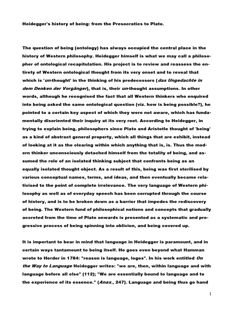 Heidegger and The History of Being - From The Presocratics To Plato ...