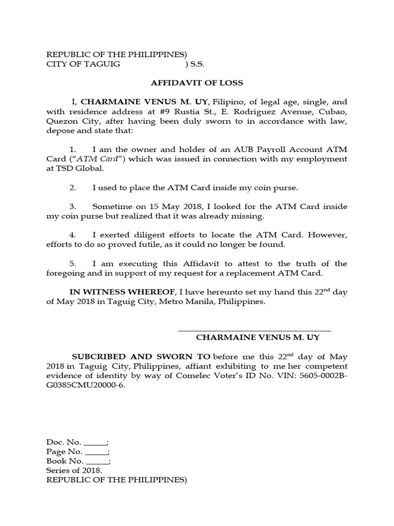 Affidavit of Loss (ATM Payroll) | PDF | Affidavit | Public Law