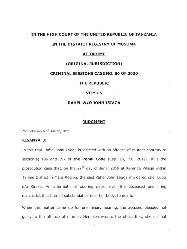 Criminal Sessions Case No 86 2020 Rahel John Isiaga | Download Free PDF | Malice Aforethought ...