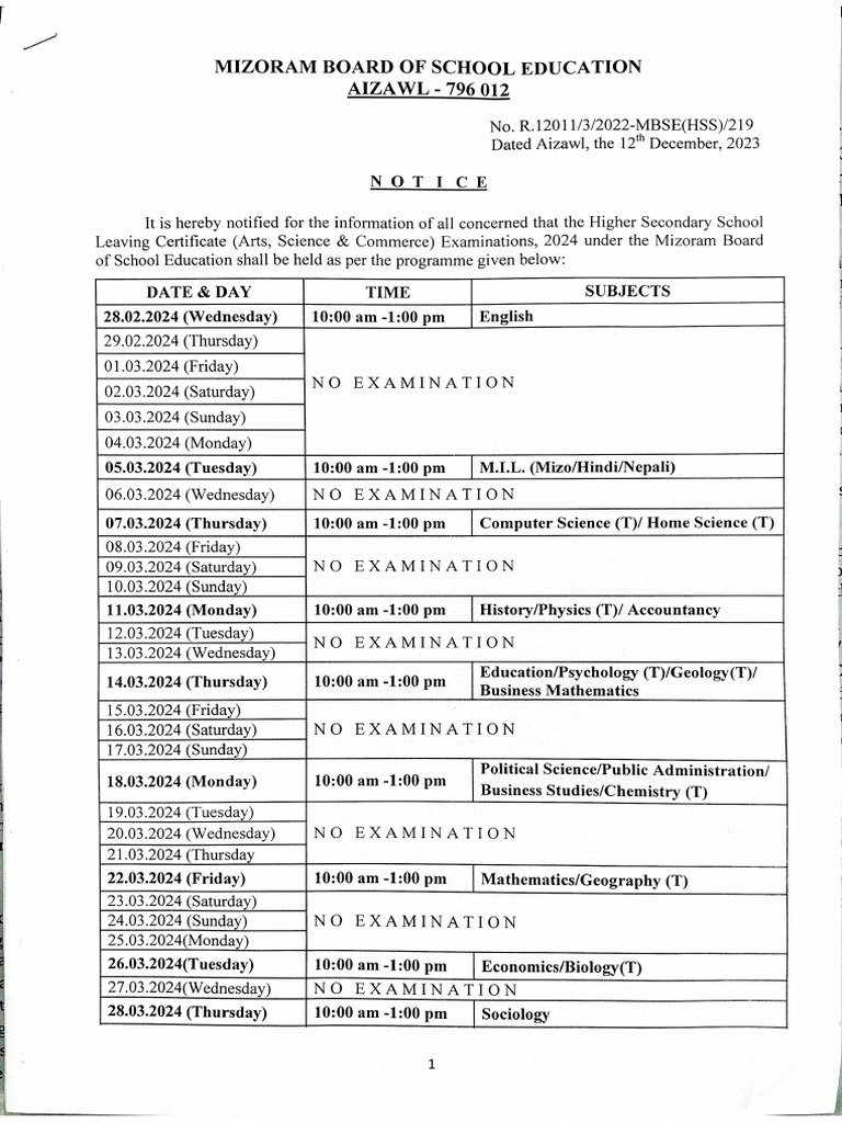 HSSLC Exam Routine 2024 | PDF