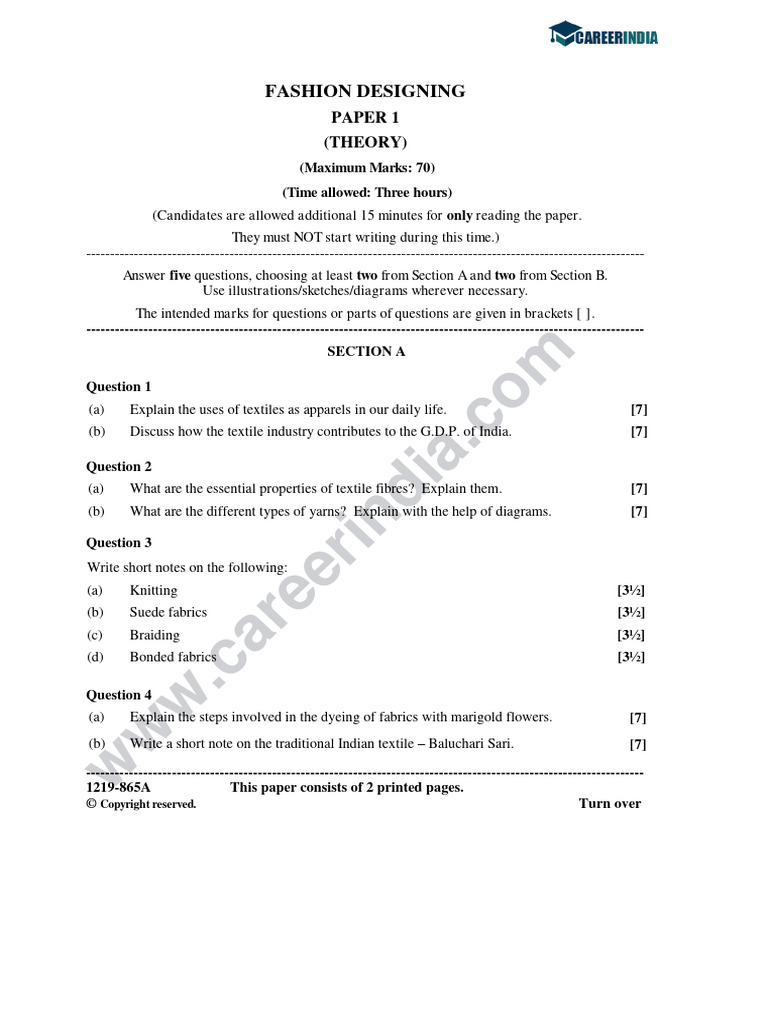 ISC Class 12 Fashion Designing Paper 1 (Theory) Question Paper - 2019 ...