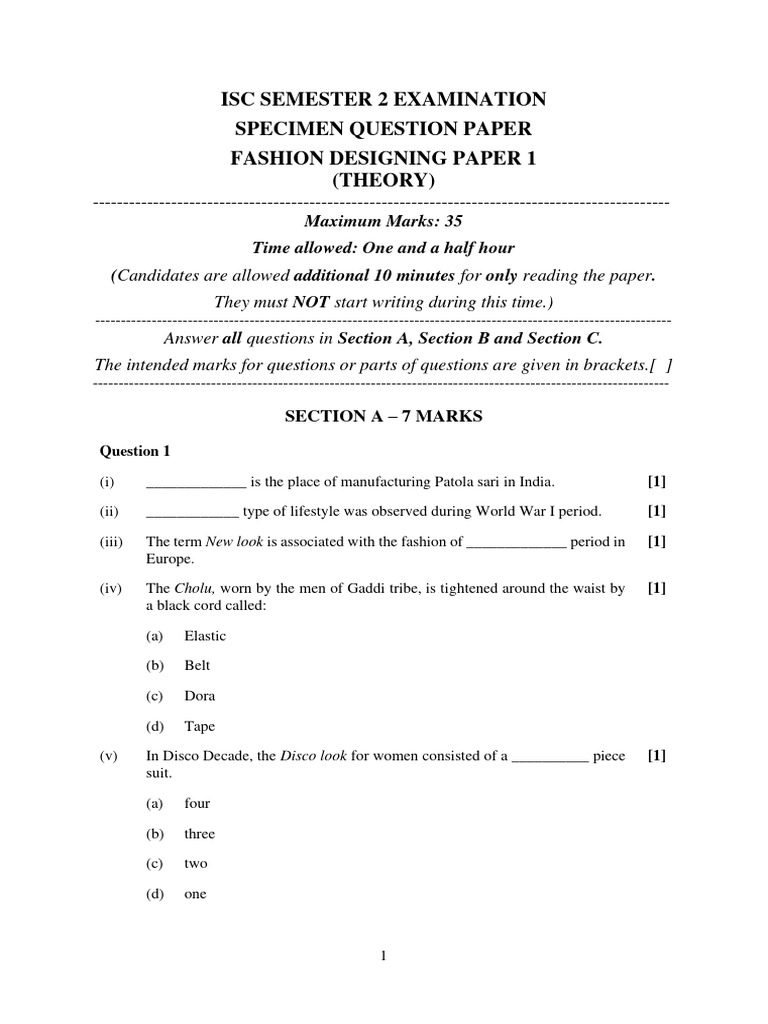 ISC Class 12 Fashion Designing Paper 1 (Theory) Question Paper (Sem 2 ...