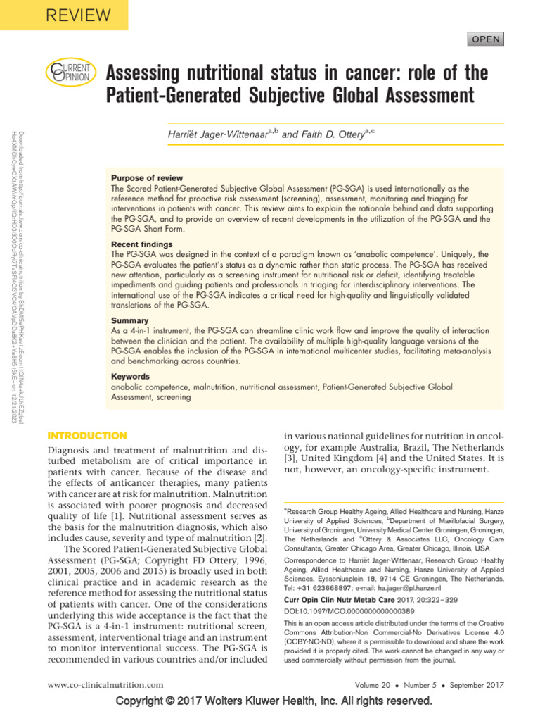 Assessing Nutritional Status in Cancer Role Of.4 | PDF