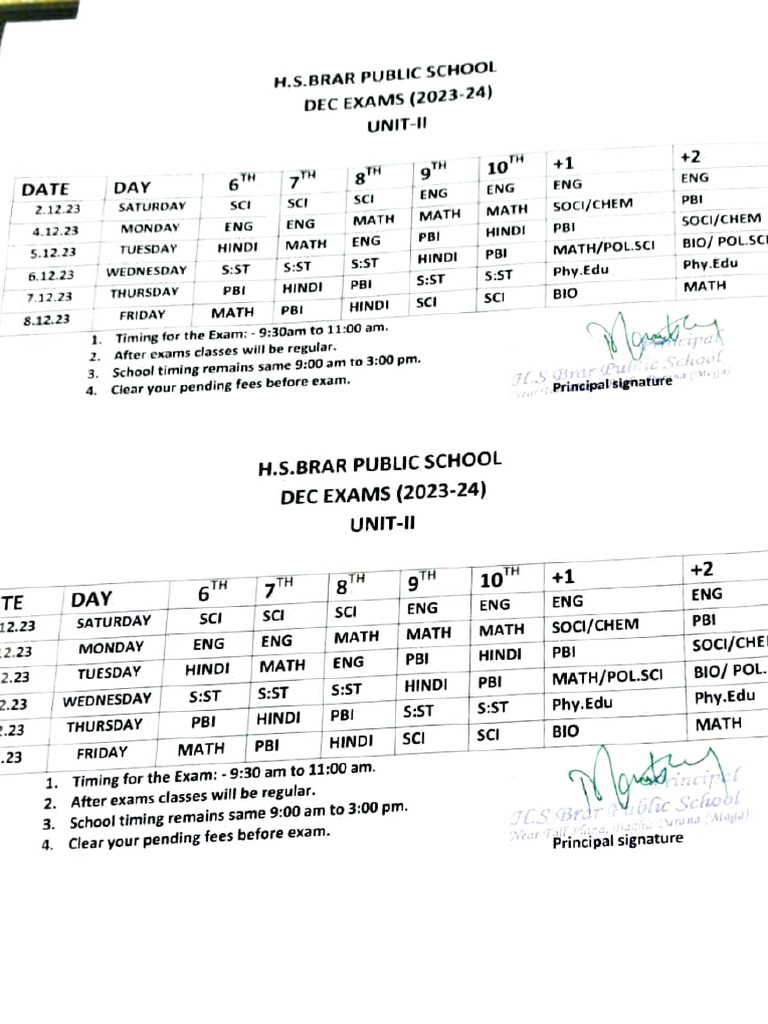 Exam Schedule for H.S. Brar School | PDF