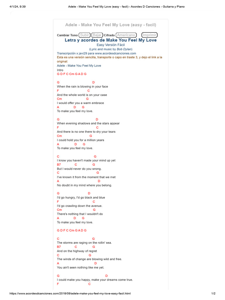 Adele - Make You Feel My Love (Easy - Facil) - Acordes D Canciones - Guitarra y Piano | PDF