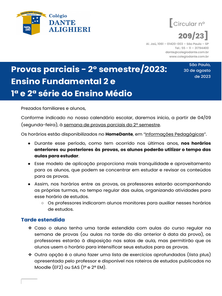 209 Provas Parciais Do Ensino Fundamental 2 e Da 1Â e 2Â Sã©rie Do Ensino MÃ©dio - 2Âº Semestre ...