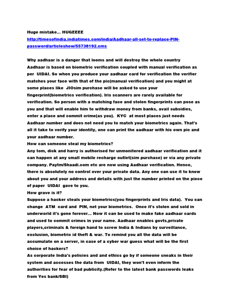Aadhar - A Huge mistake.docx | PDF
