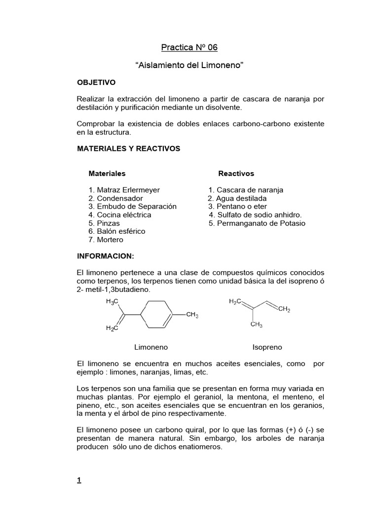 Aislamiento y Estructura del Limoneno | PDF | Destilación | Agua