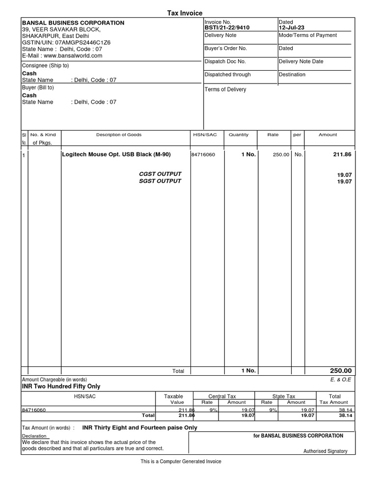 Bansal Bill | PDF | Invoice | Taxes