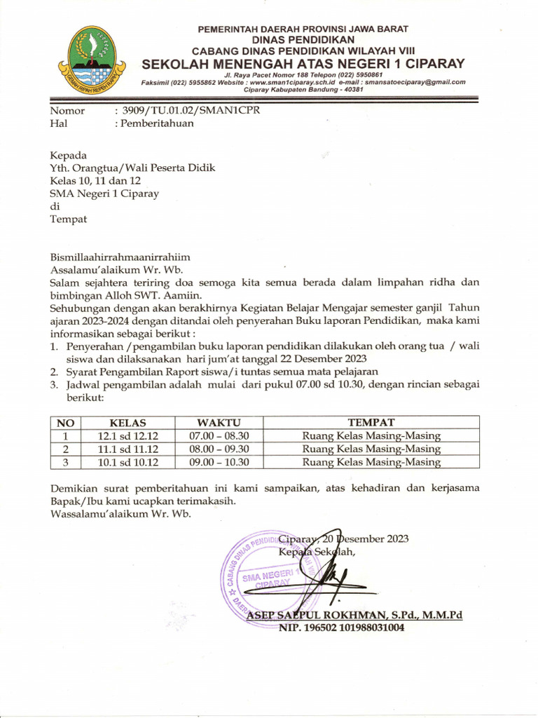 Surat Pemberitahuan Orang Tua Siswa | PDF Surat Pemberitahuan Orang Tua Siswa | PDF