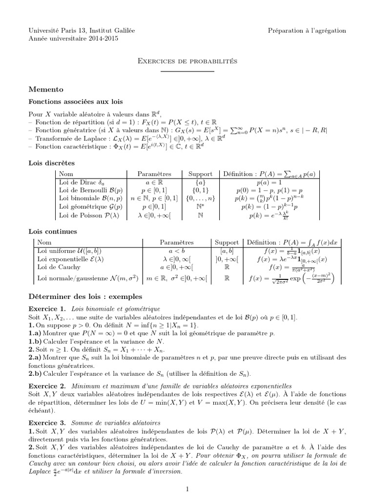 Exos Probas Agreg Corr | PDF | Variance (mathématiques) | Espérance ...